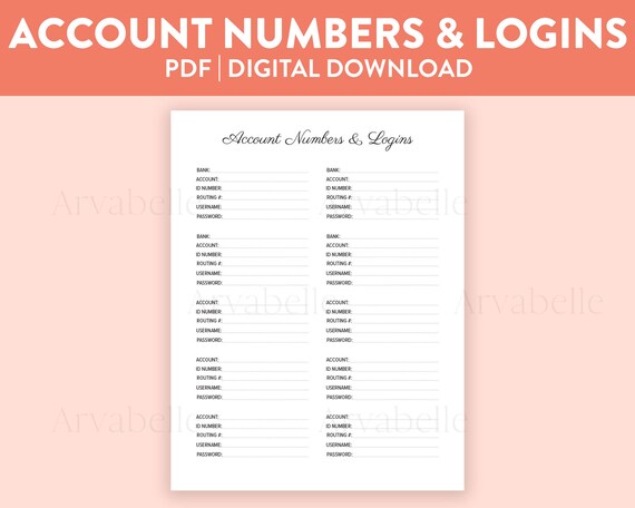 Printable Bank Account Numbers & Logins Tracker Digital | Etsy