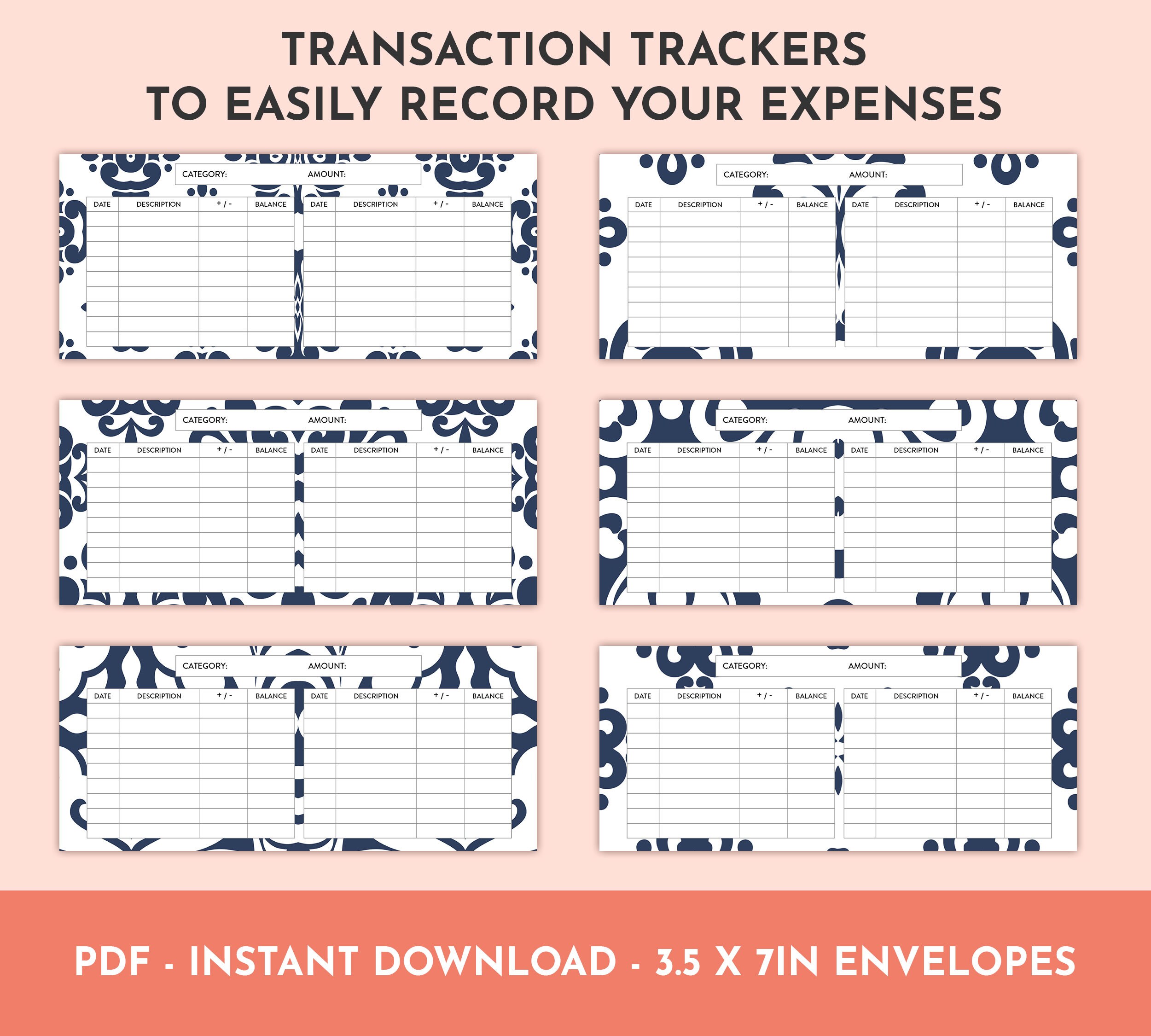 Blue Damask Printable Cash Envelopes With Transaction Tracker - Etsy
