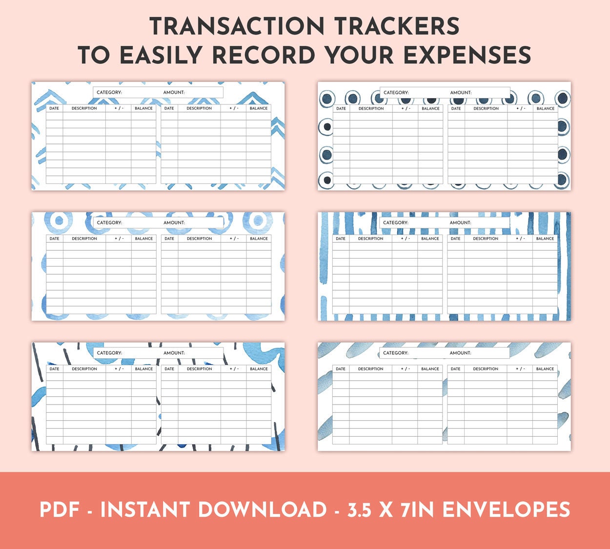 Blue Watercolor Printable Cash Envelopes With Transaction - Etsy