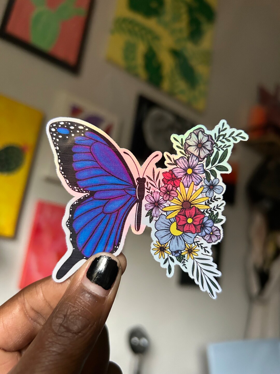 Holographic Waterproof Flower Butterfly Sticker Floral Butterfly ...