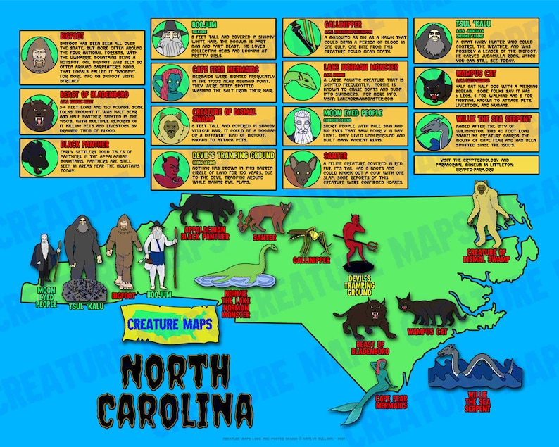 Creaturemap: North Carolina Cryptids & Legends Map | Etsy