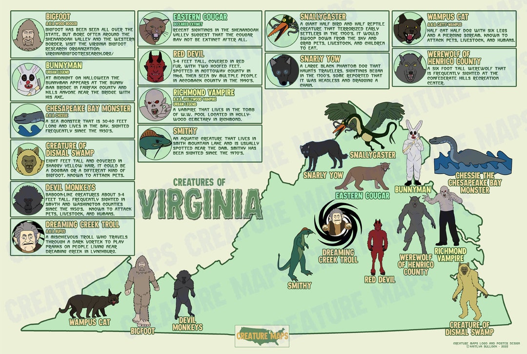 Virginia Art Print: Cryptids and Creatures of Virginia - Etsy