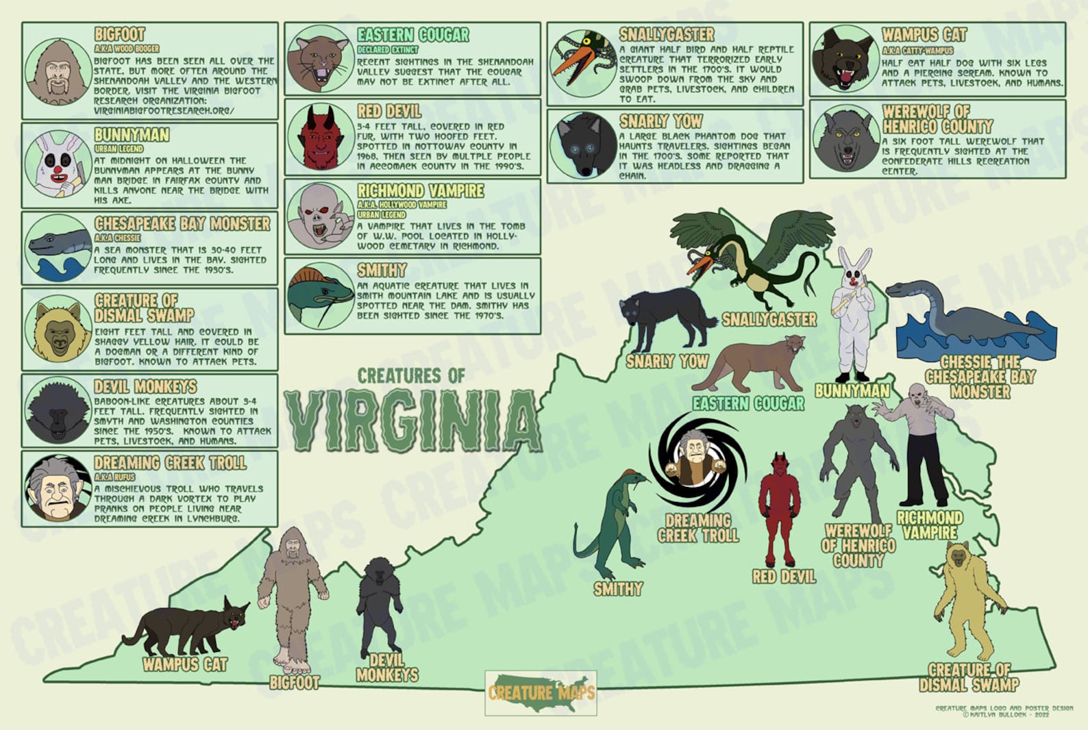 Virginia Art Print: Cryptids and Creatures of Virginia - Etsy
