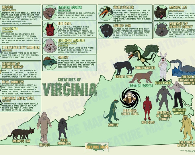 Virginia Art Print: Cryptids and Creatures of Virginia - Etsy