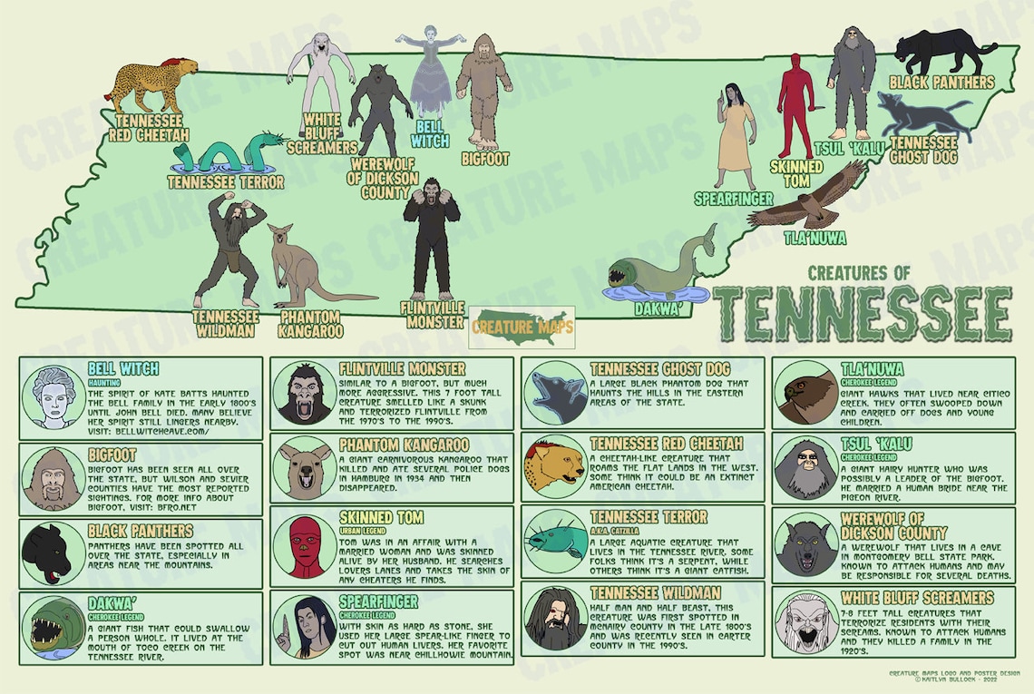 Tennessee Art Print: Cryptids and Creatures of Tennessee - Etsy