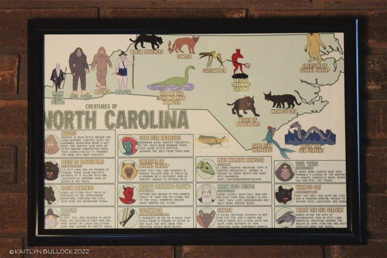 North Carolina Art Print: Cryptids and Creatures of North Carolina - Etsy