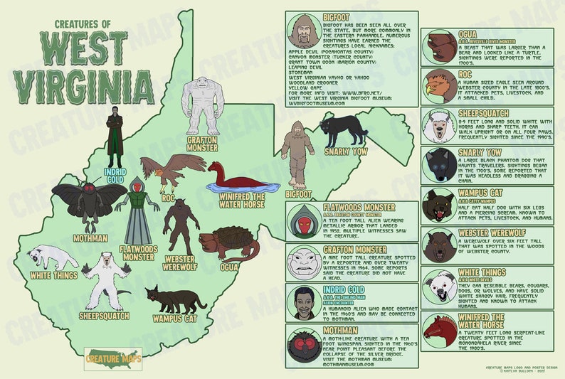 West Virginia Art Print: Cryptids and Creatures of West Virginia - Etsy