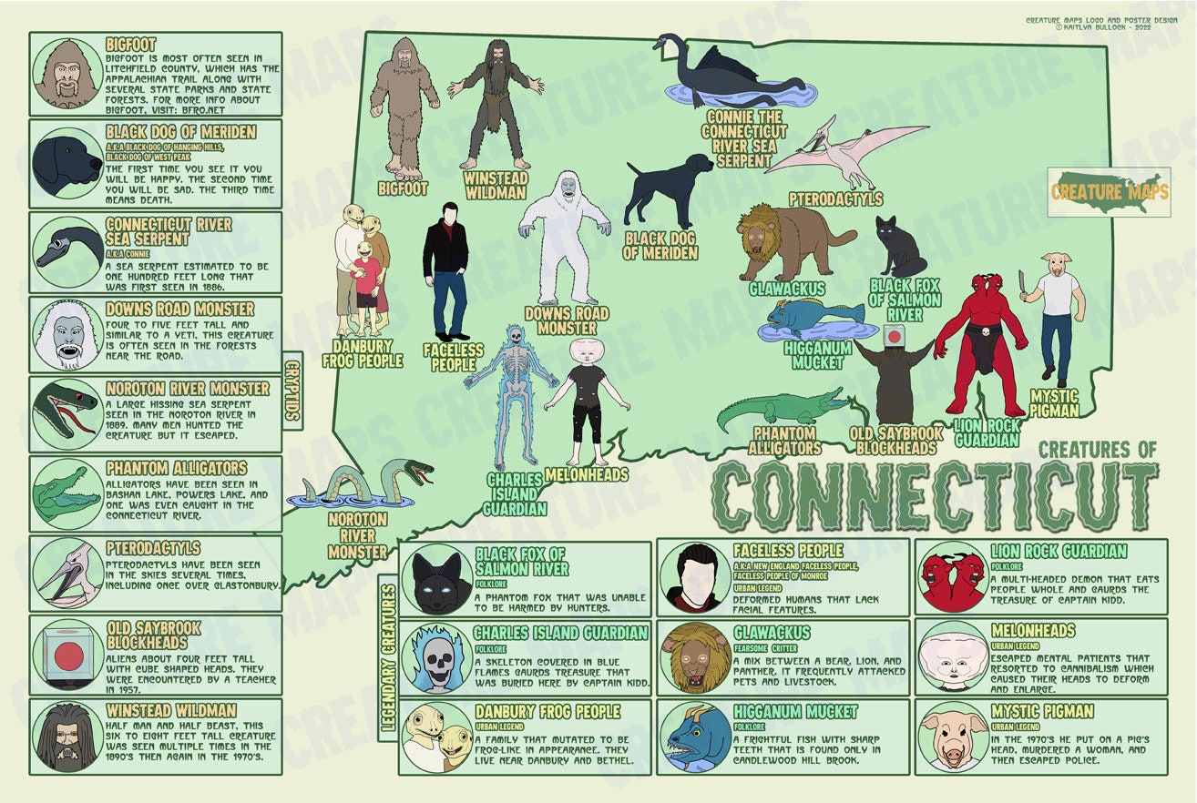 Connecticut Art Print: Cryptids and Creatures of Connecticut - Etsy