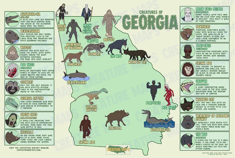Georgia Art Print: Cryptids and Creatures of Georgia - Etsy
