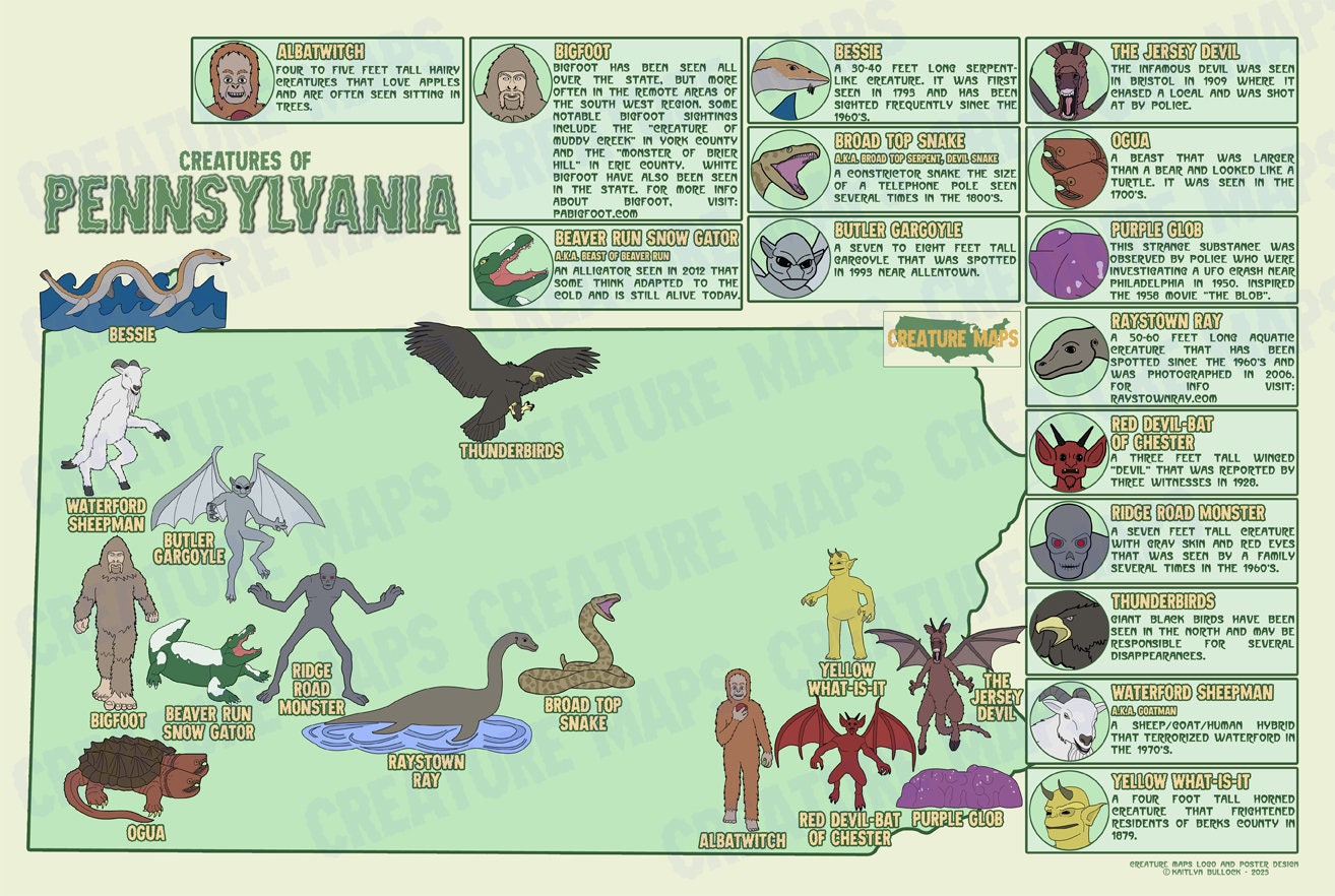 Pennsylvania Art Print: Cryptids and Creatures of Pennsylvania - Etsy