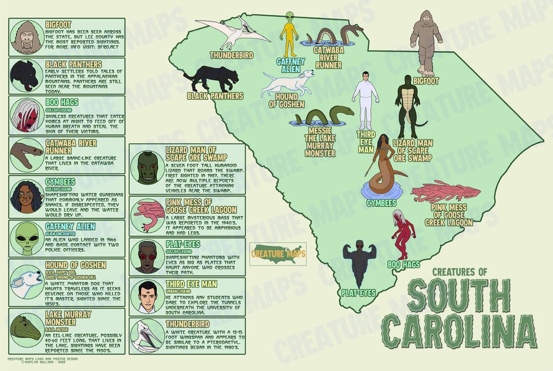 South Carolina Art Print: Cryptids and Creatures of South Carolina - Etsy