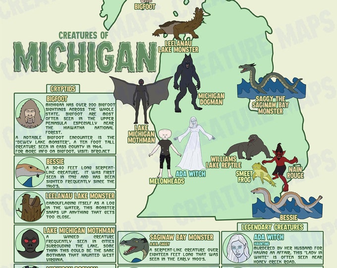 Michigan Art Print: Cryptids and Creatures of Michigan - Etsy