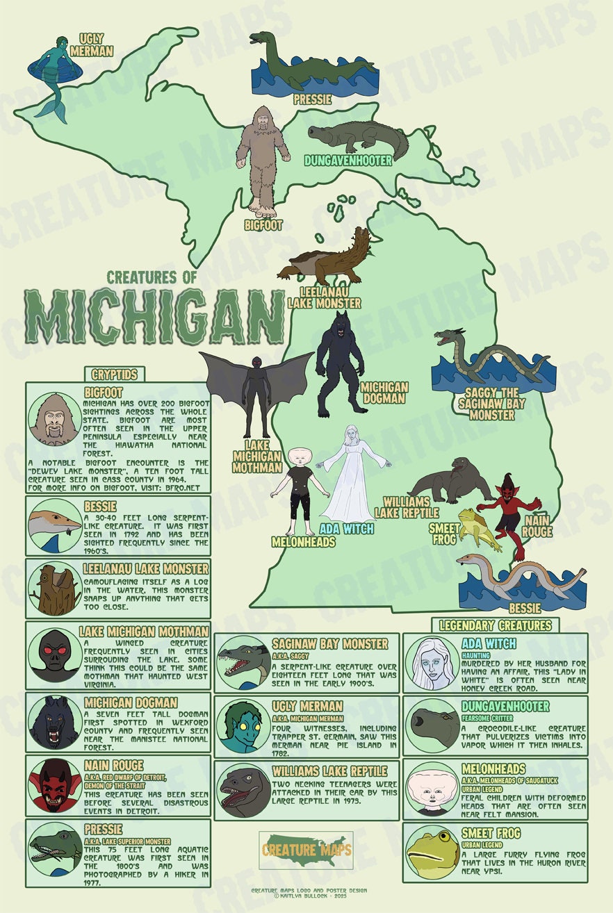 Michigan Art Print: Cryptids and Creatures of Michigan - Etsy