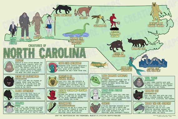North Carolina Art Print: Cryptids and Creatures of North - Etsy