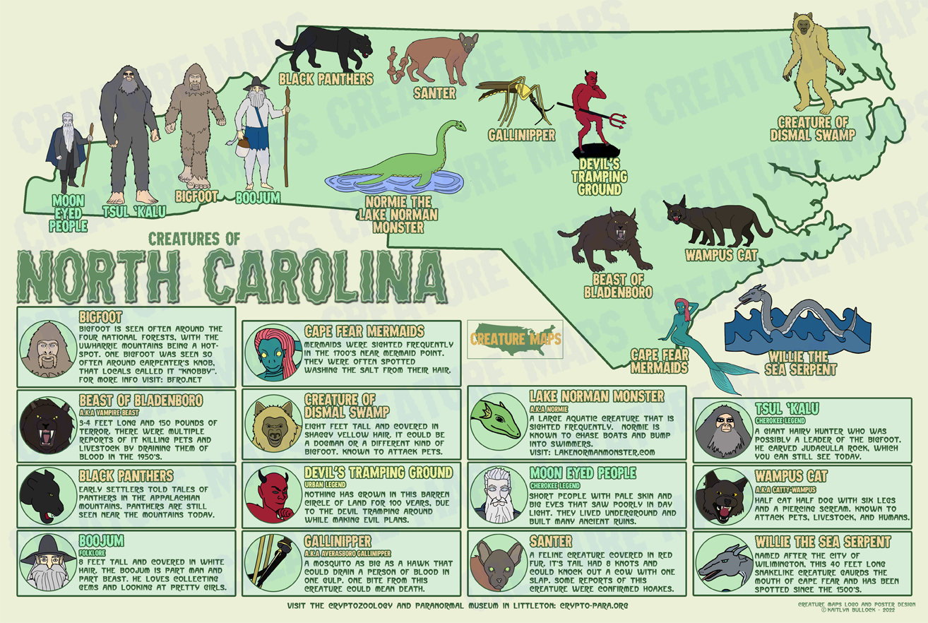 North Carolina Art Print: Cryptids and Creatures of North Carolina - Etsy