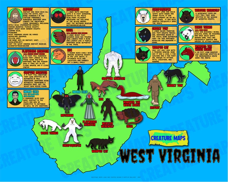 Creaturemap: West Virginia Cryptids & Legends Map | Etsy