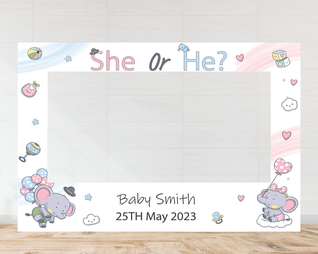 Gender Reveal Selfie Frame Cute Elephants Landscape Gender Reveal Party ...