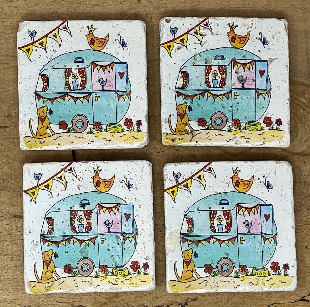 Stone Coasters: Caravan - Artwork by Katie Goddard (set of 4) - Etsy UK