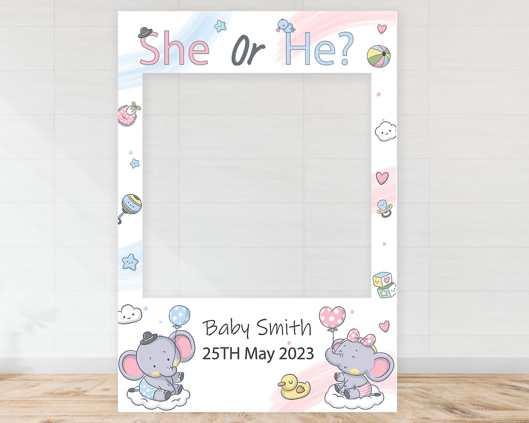 Gender Reveal Selfie Frame Cute Elephants Gender Reveal Party Frame ...