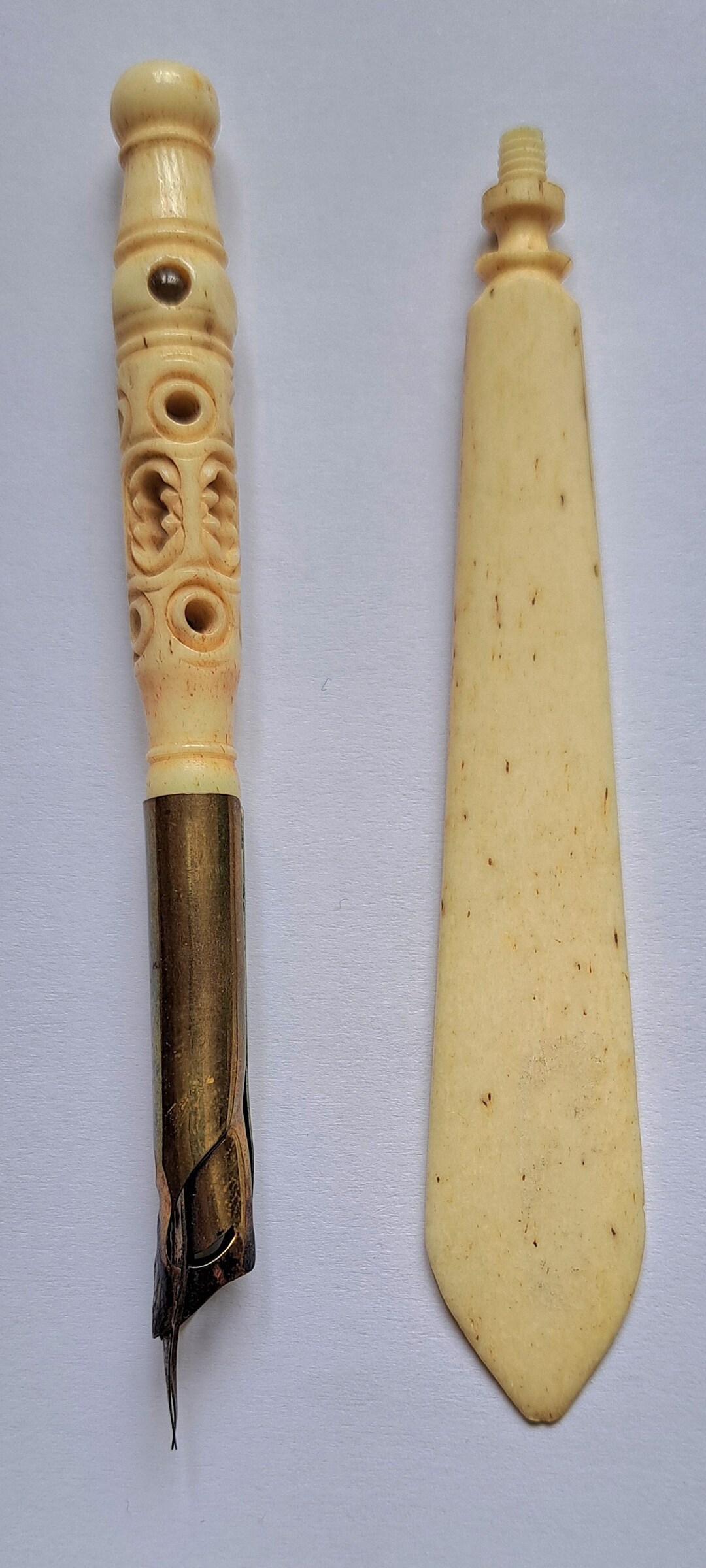 Victorian, Carved Bone Stahope,letter Opener and Dip Pen With Micro ...