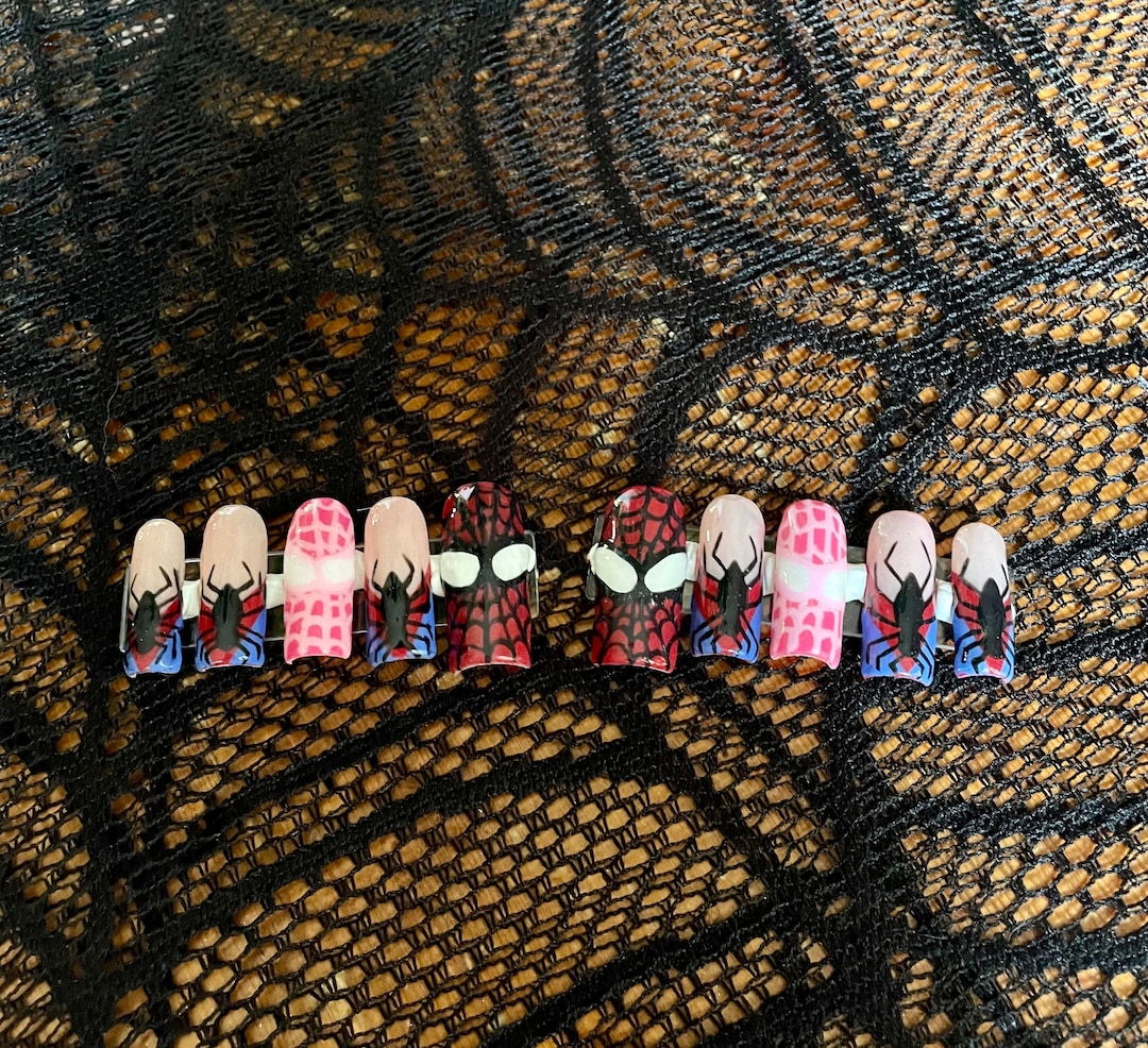 Custom Spider Man Press on Nails, Gel Spider-man Nails, Pink Spider-man ...