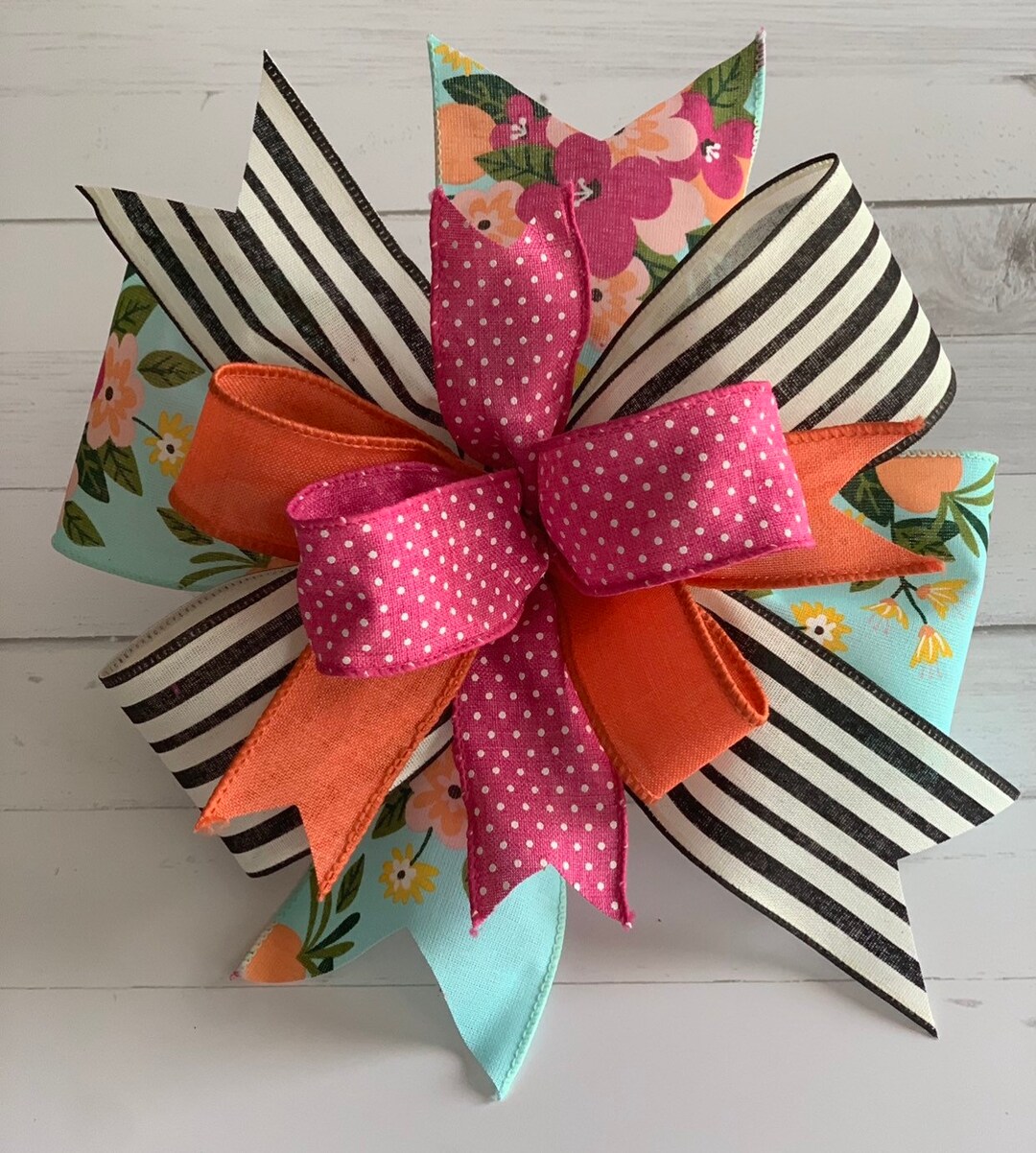 Layered Wreath Bow, Floral and Striped Wired Ribbon, Decor Bow - Etsy