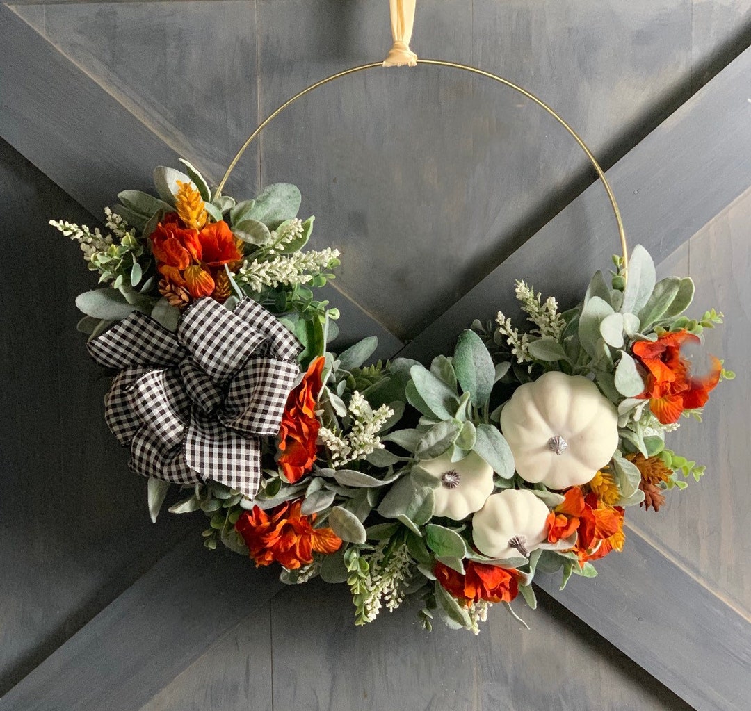 Fall Hoop Wreath, Pumpkin Wreath, White Pumpkin Wreath, Thanksgiving ...