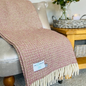 Raspberry Pink and Sage Green Illusion Weave Pure New Wool Blanket ...