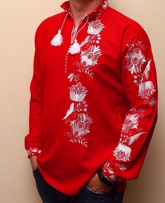 Modern Embroidered Men's Shirt. Handmade Red Shirt. Ethno - Etsy