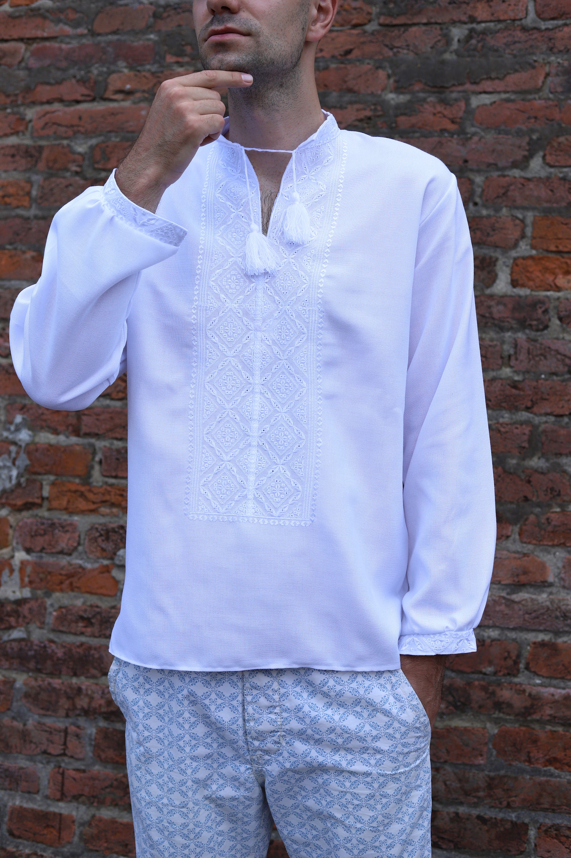 Modern Embroidered Men's Shirt. Handmade White Shirt. Ethno Folk Shirt ...