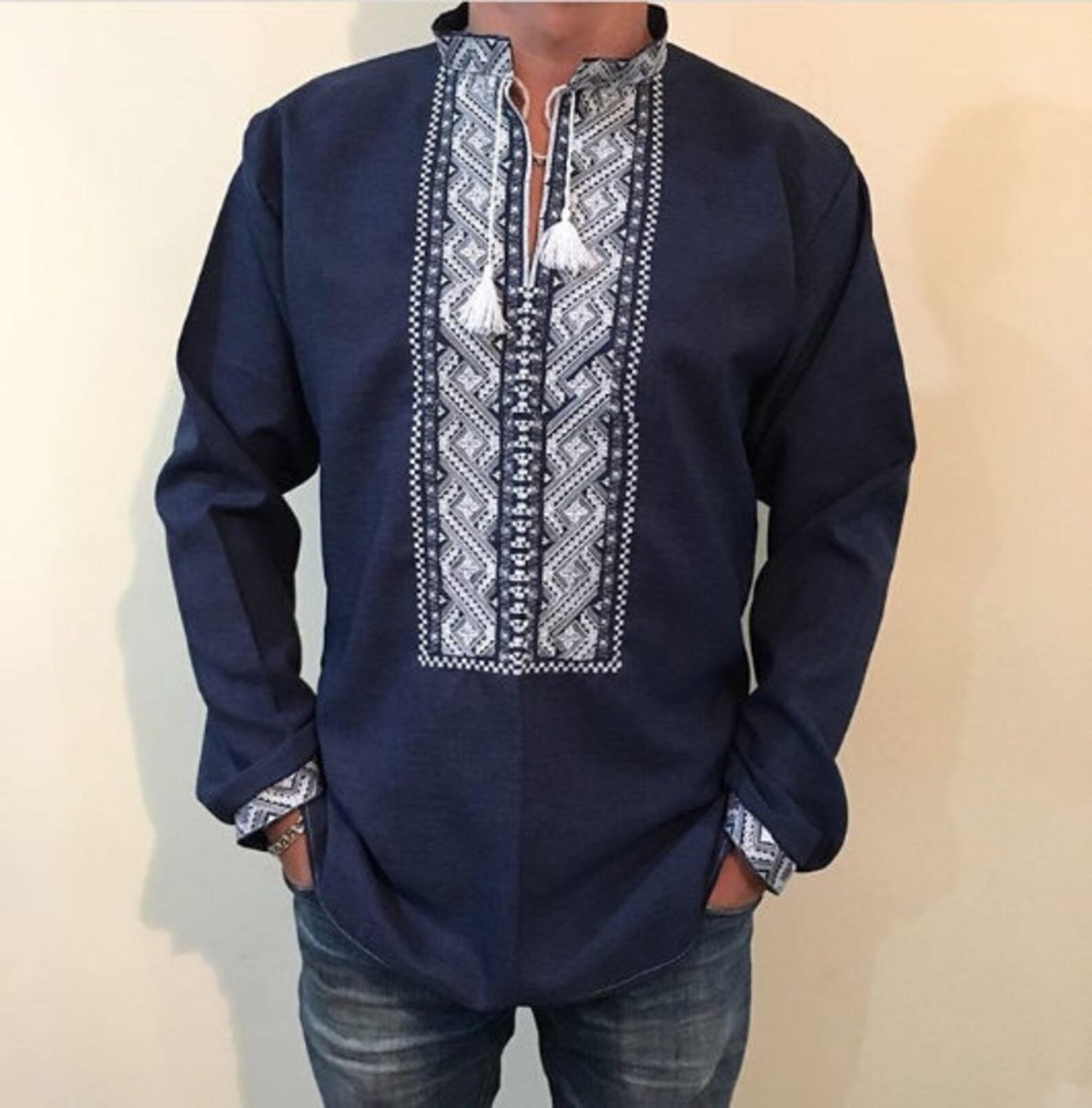 Modern Embroidered Men's Shirt. Handmade Blue Linen Shirt. Ethno Folk ...