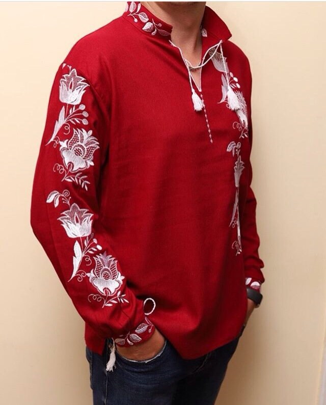 Modern embroidered men's shirt. Handmade red shirt. Ethno | Etsy