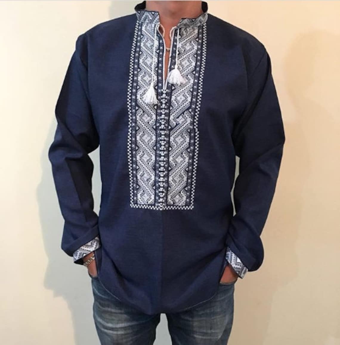 Modern Embroidered Men's Shirt. Handmade Blue Linen Shirt. Ethno Folk ...