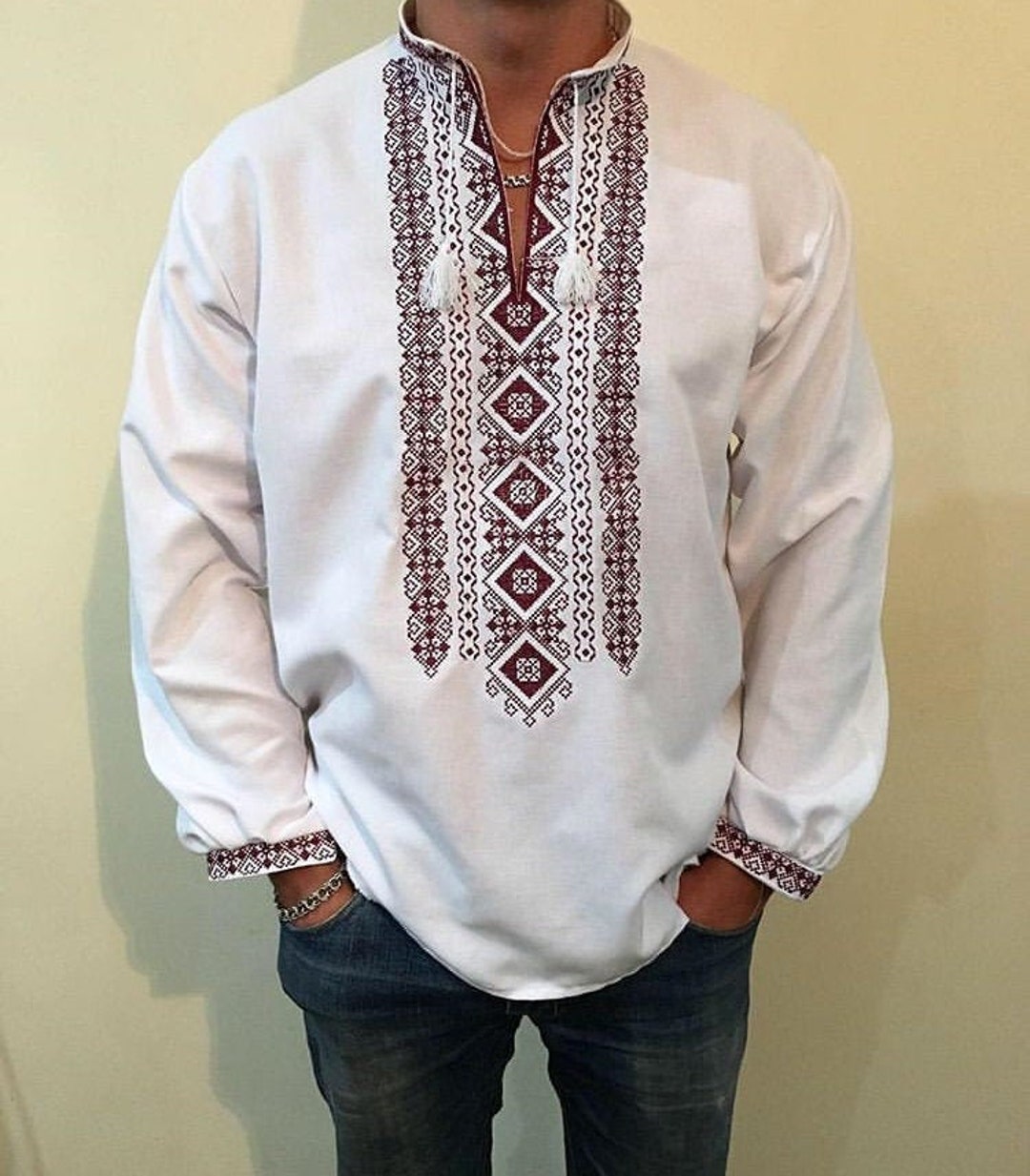 Modern Embroidered Men's Shirt. Handmade White Shirt. Ethno Folk Shirt ...