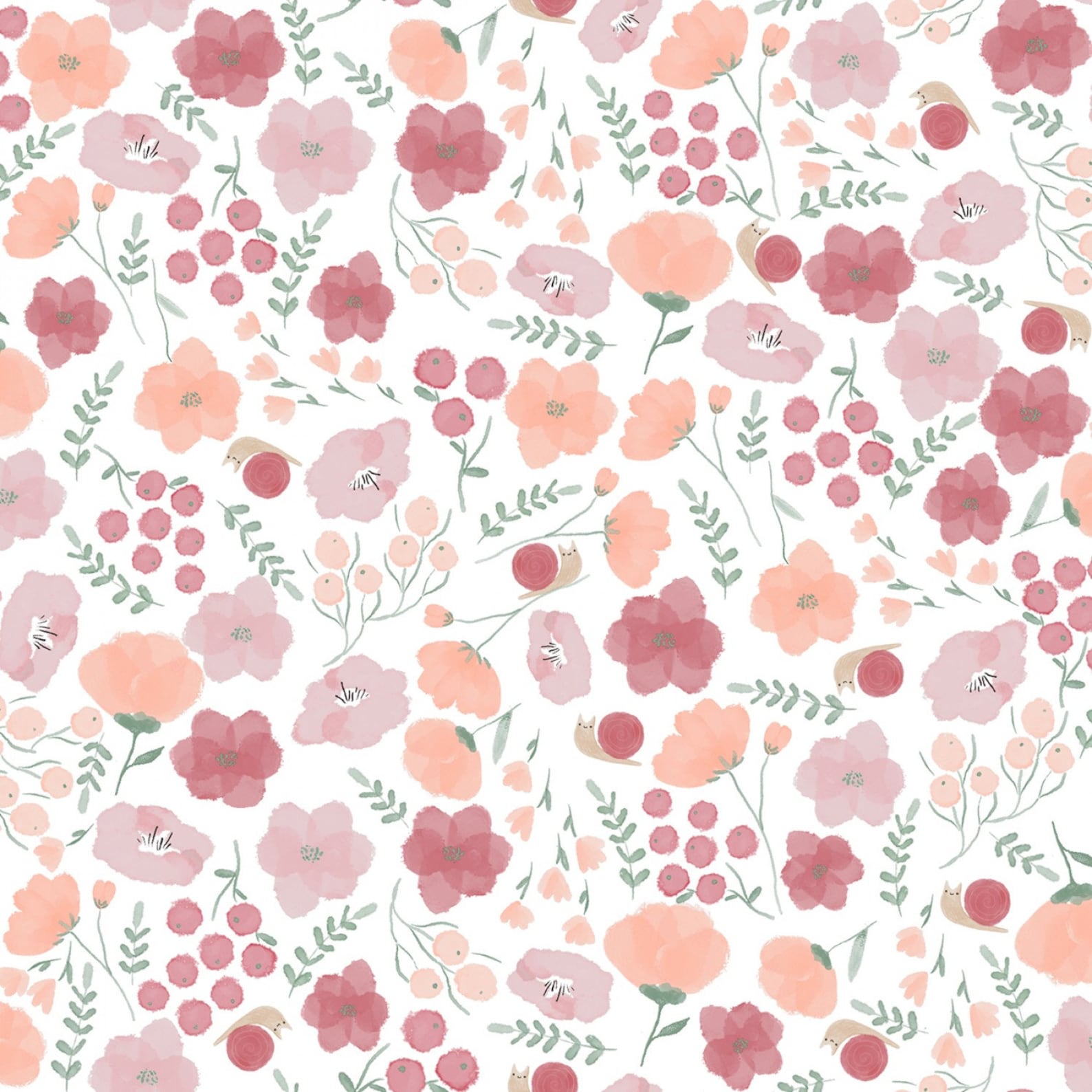 Snail Floral Cotton Fabric by the Yard Paws and Reflect Floral With ...