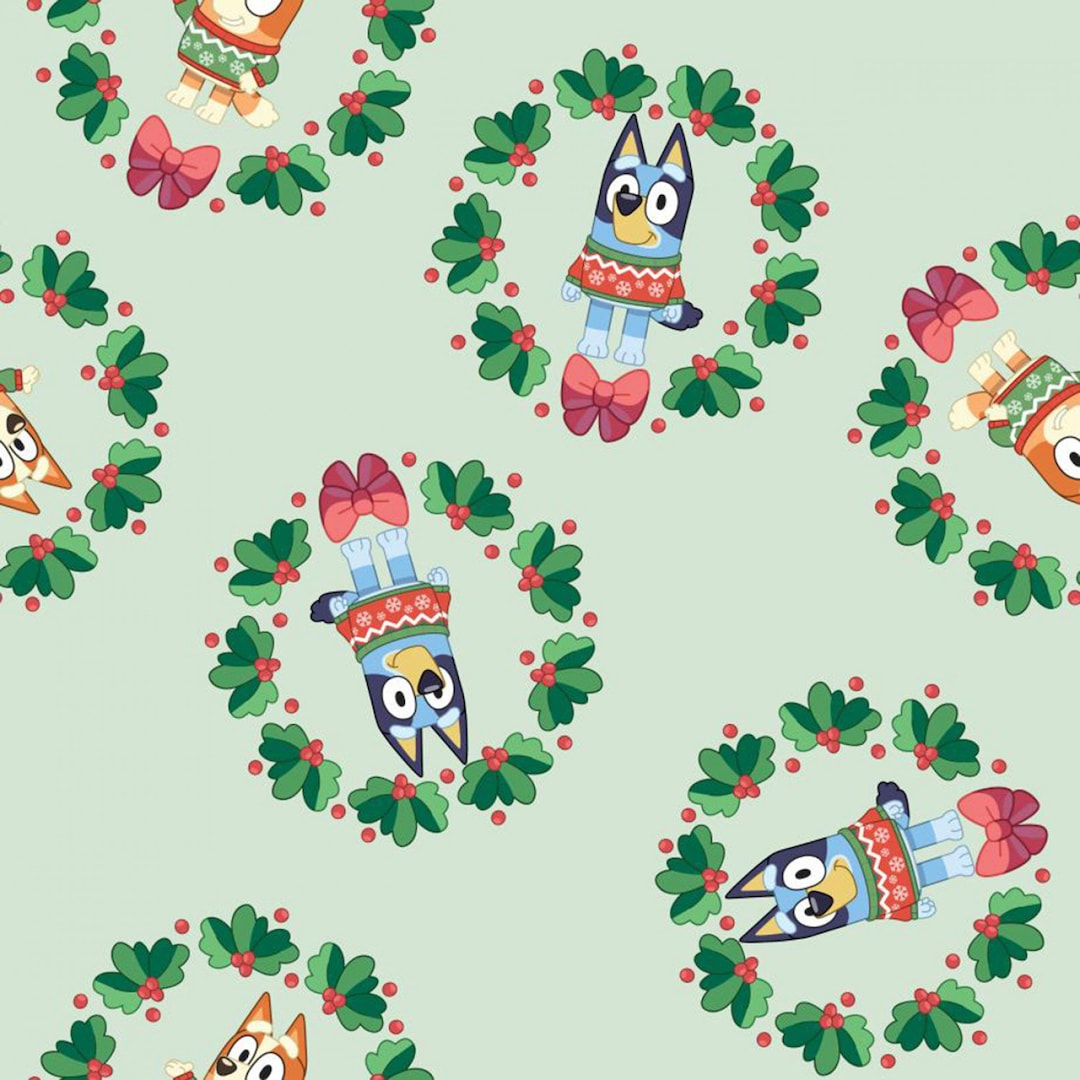 Bluey Christmas Cotton Fabric by the Yard - Disney Junior Bluey Wreaths ...