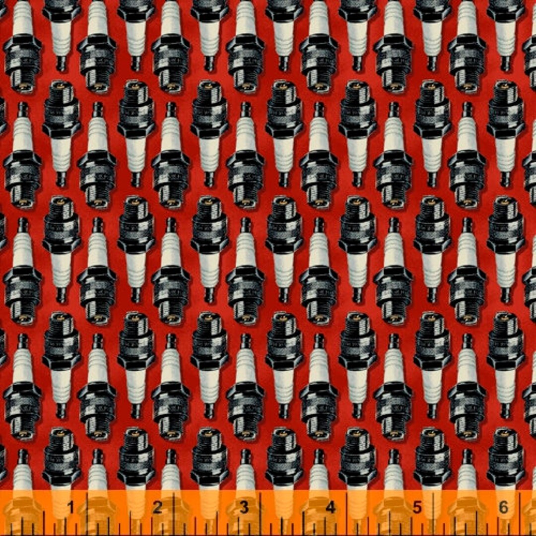 Spark Plug Cotton Fabric by the Yard Born to Ride Spark Plugs Red ...