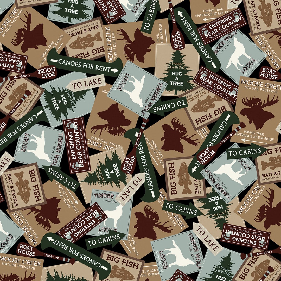 Camping Cotton Fabric by the Yard - Moose Creek Lodge Black Lodging ...