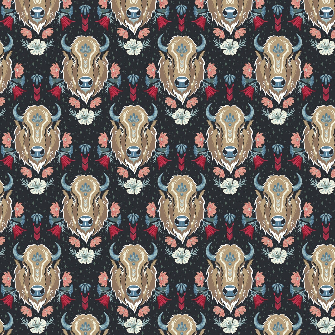 Bison Cotton Fabric by the Yard Prairies Bold Beautiful Bison Black ...