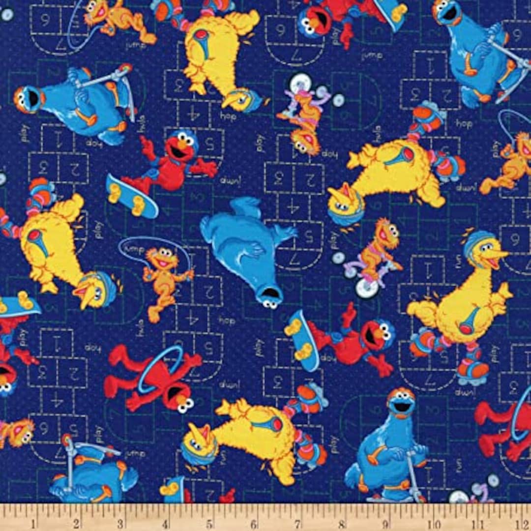 Sesame Street Cotton Fabric by the Yard - Hopscotch Navy - QT Fabrics ...
