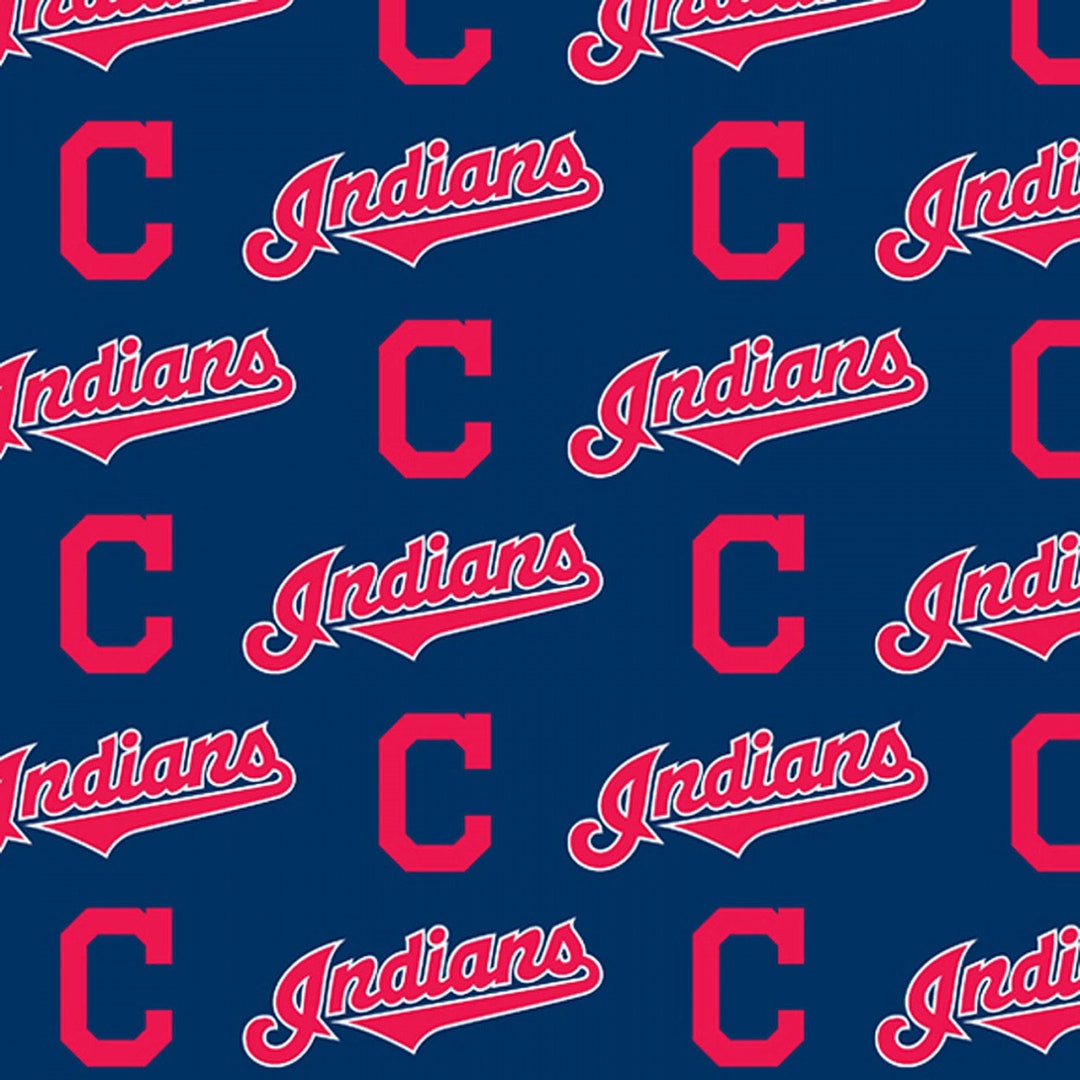 Cleveland Indians Fabric by the Yard - Logos on Navy Blue - Fabric ...