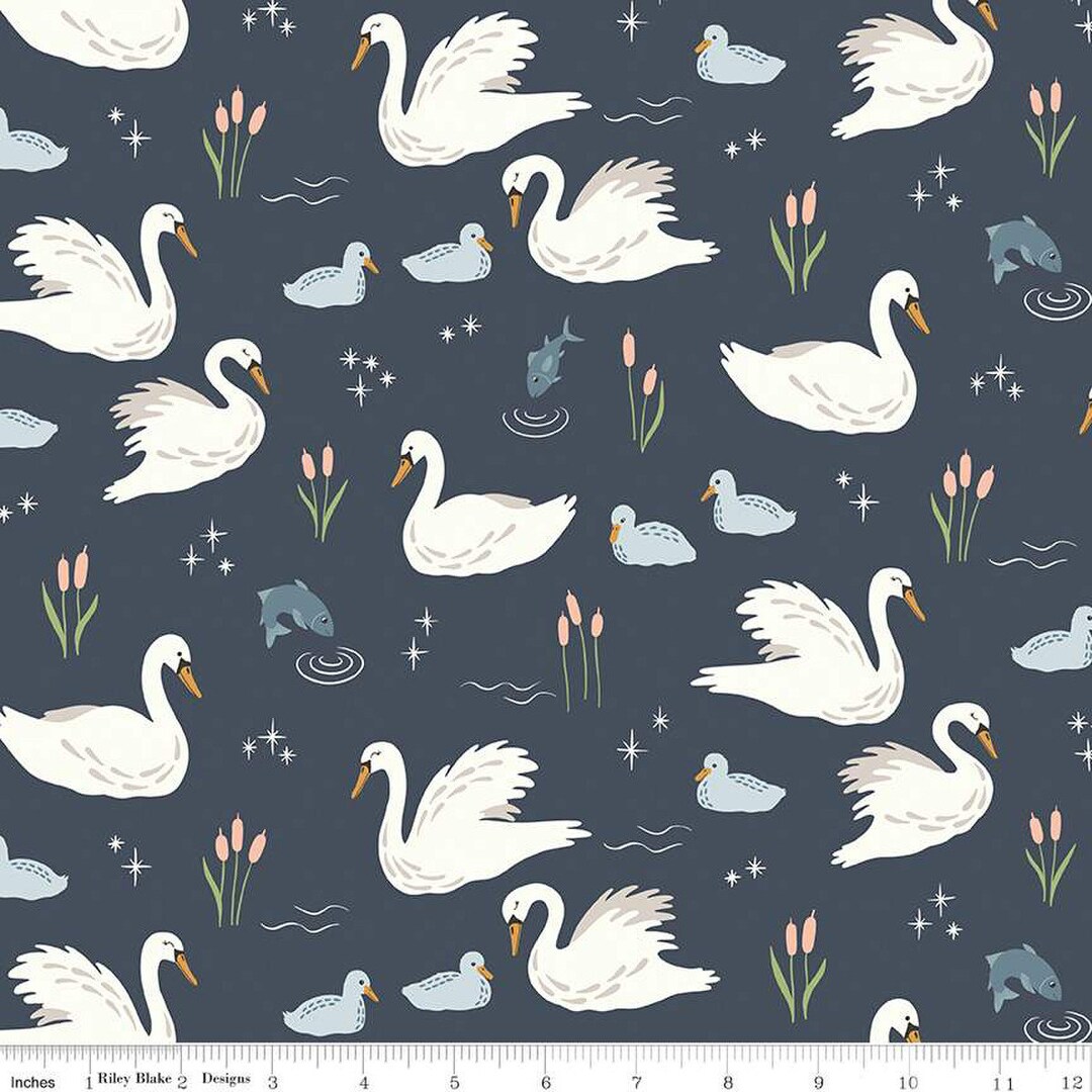 Swan Cotton Fabric by the Yard - Little Swan Main Navy - Little Forest ...