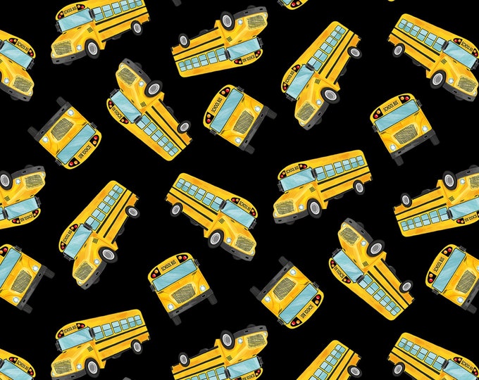 School Bus Cotton Fabric by the Yard - Black Tossed Yellow School Buses ...