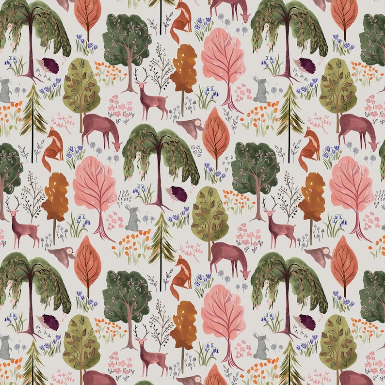 Woodland Cotton Fabric by the Yard - Floral Forest Main Egret - Faye ...