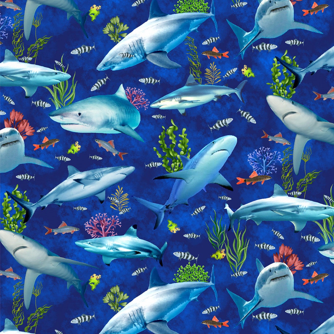 Ocean Cotton Fabric by the Yard - Ocean Life Reef Shark and Fishes ...