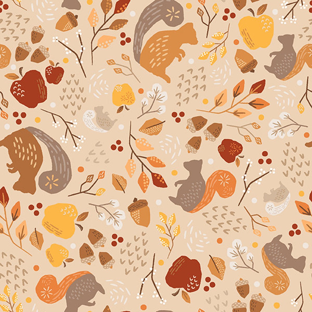 Woodland Cotton Fabric by the Yard - Autumn Woods Squirrel Toss - Zirkus Design for Paintbrush ...