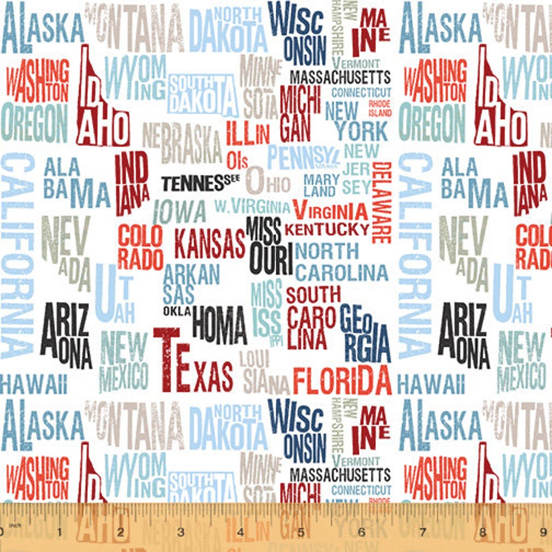 United States Cotton Fabric by the Yard - Across the USA States White ...
