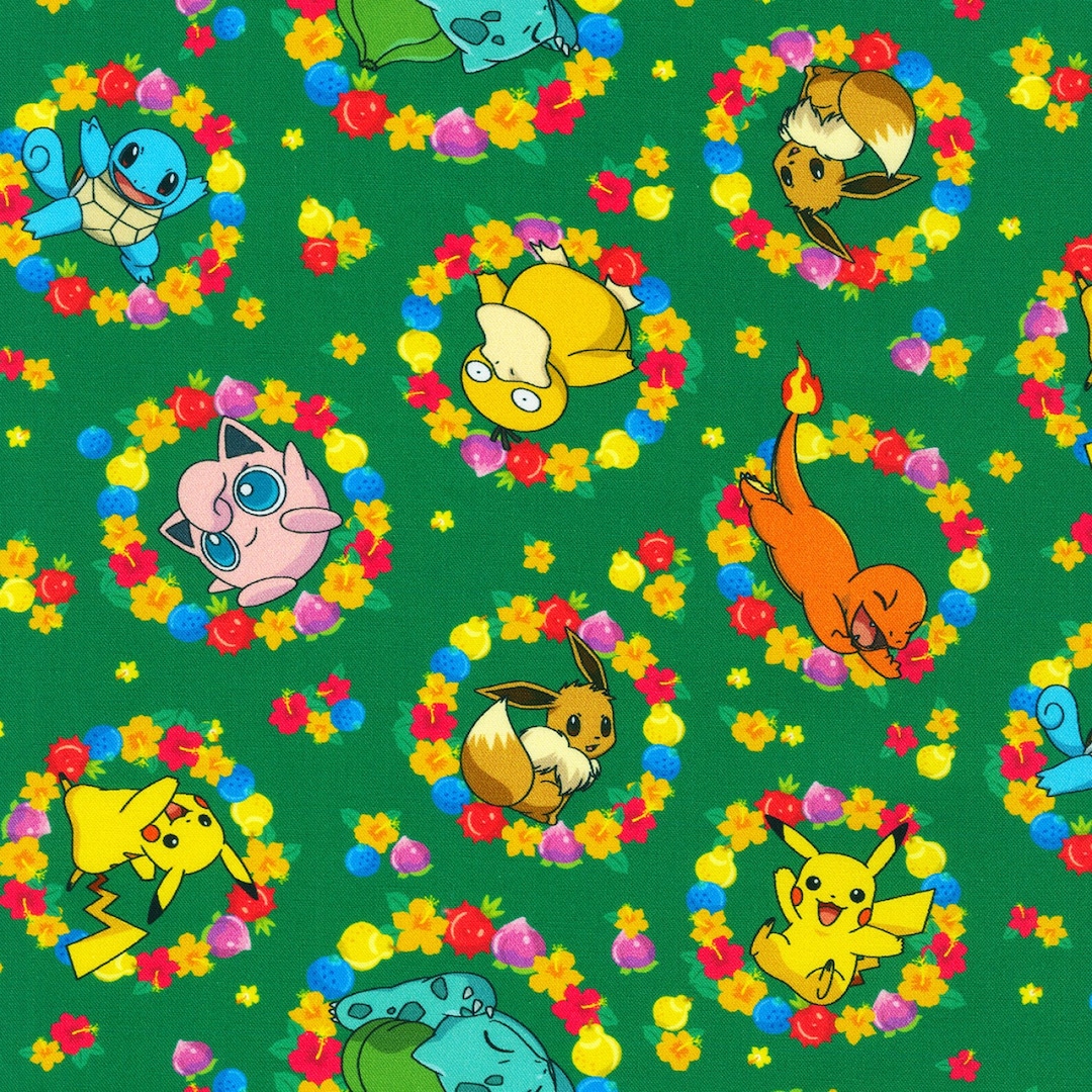 Pokemon Cotton Fabric by the Yard - Pokemon Floral Wreath Green ...
