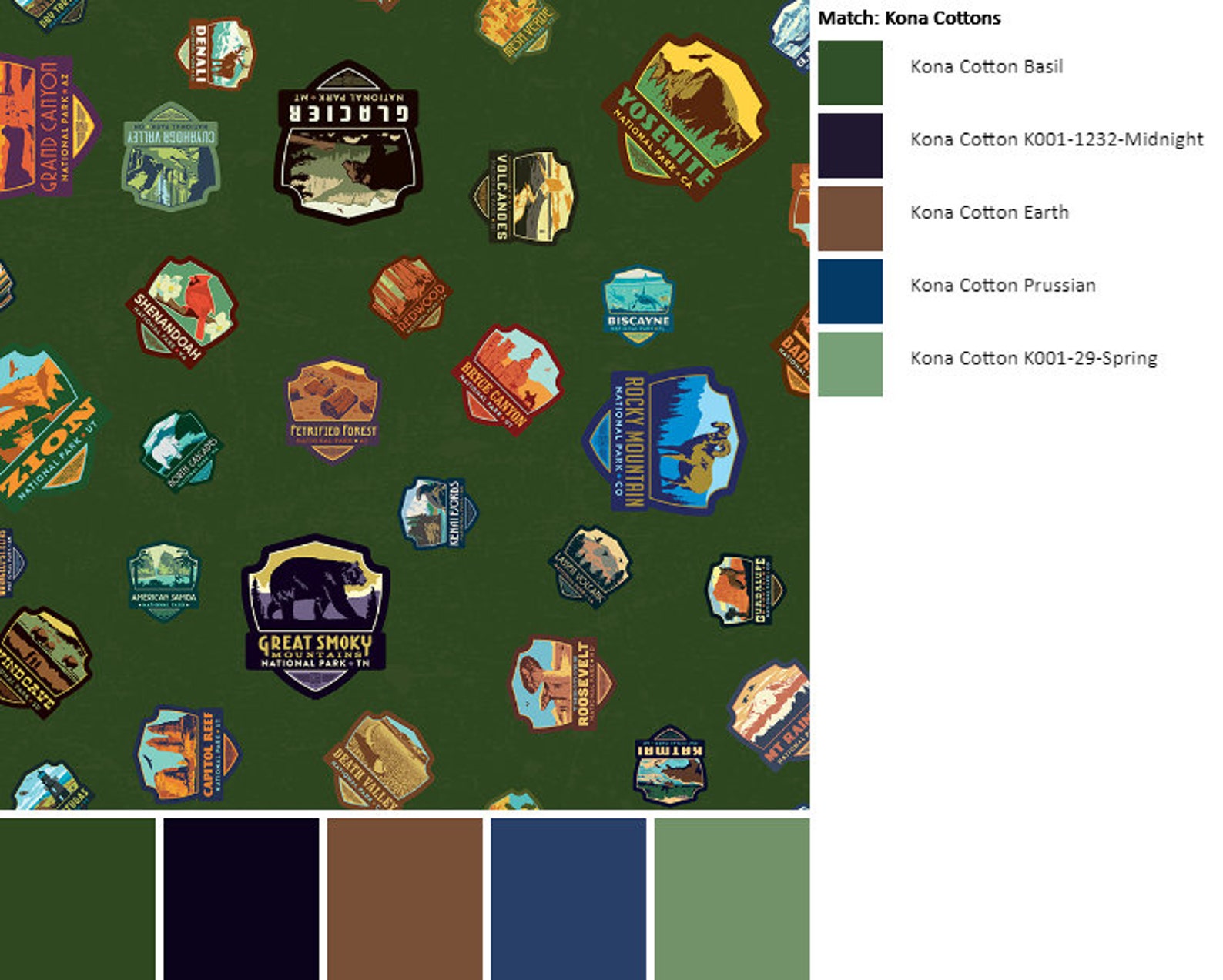 U.S. National Parks Fabric by the Yard Patches Green Riley | Etsy