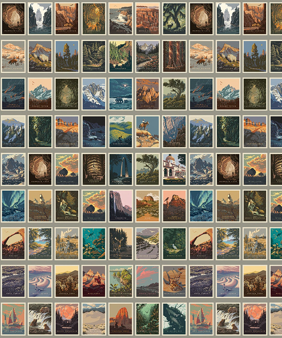 U.S. National Parks Cotton Fabric by the Yard - Postcards Gray - Riley ...